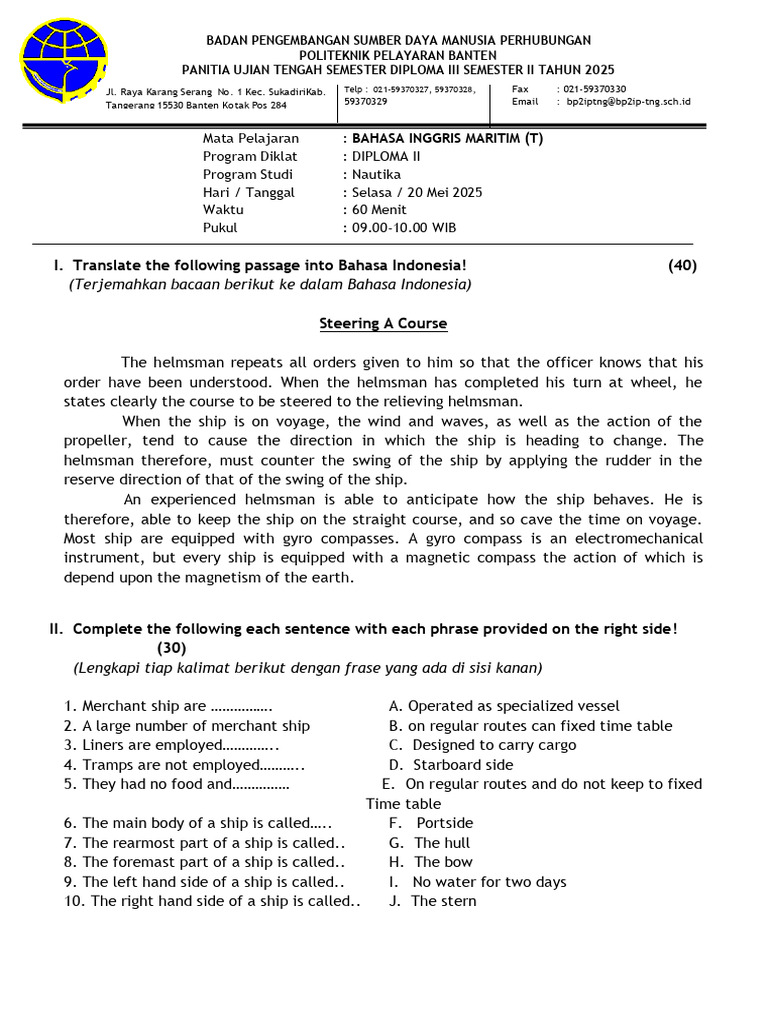 Soal Uts Diploma III SMT II Tahun 2025 | PDF | Ships | Watercraft