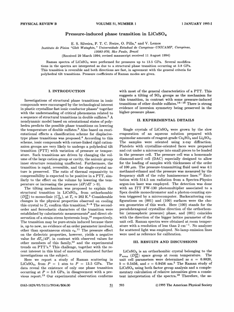 1995 - Pressure-Induced Phase Transition in LiCsSO4 | PDF
