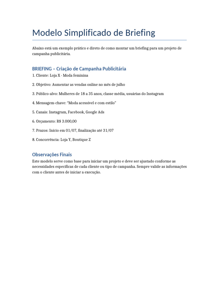 Modelo Simplificado de Briefing | PDF