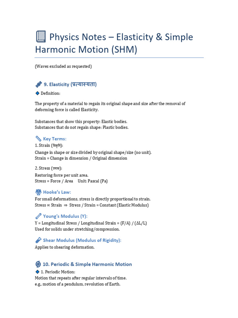 Elasticity & Simple Harmonic Motion Guide | PDF | Elasticity (Physics ...
