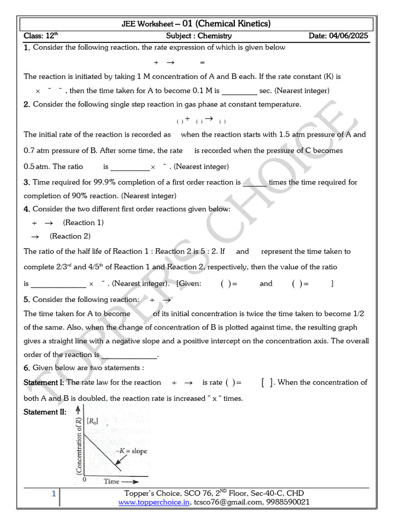 Chemical Kinetics JEE Worksheet-01 | PDF | Chemical Reactions | Unit ...