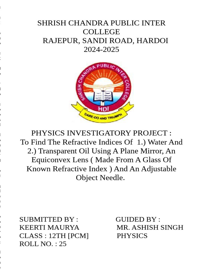 Physics Investigatory Project 2024-25 | PDF | Refractive Index | Light