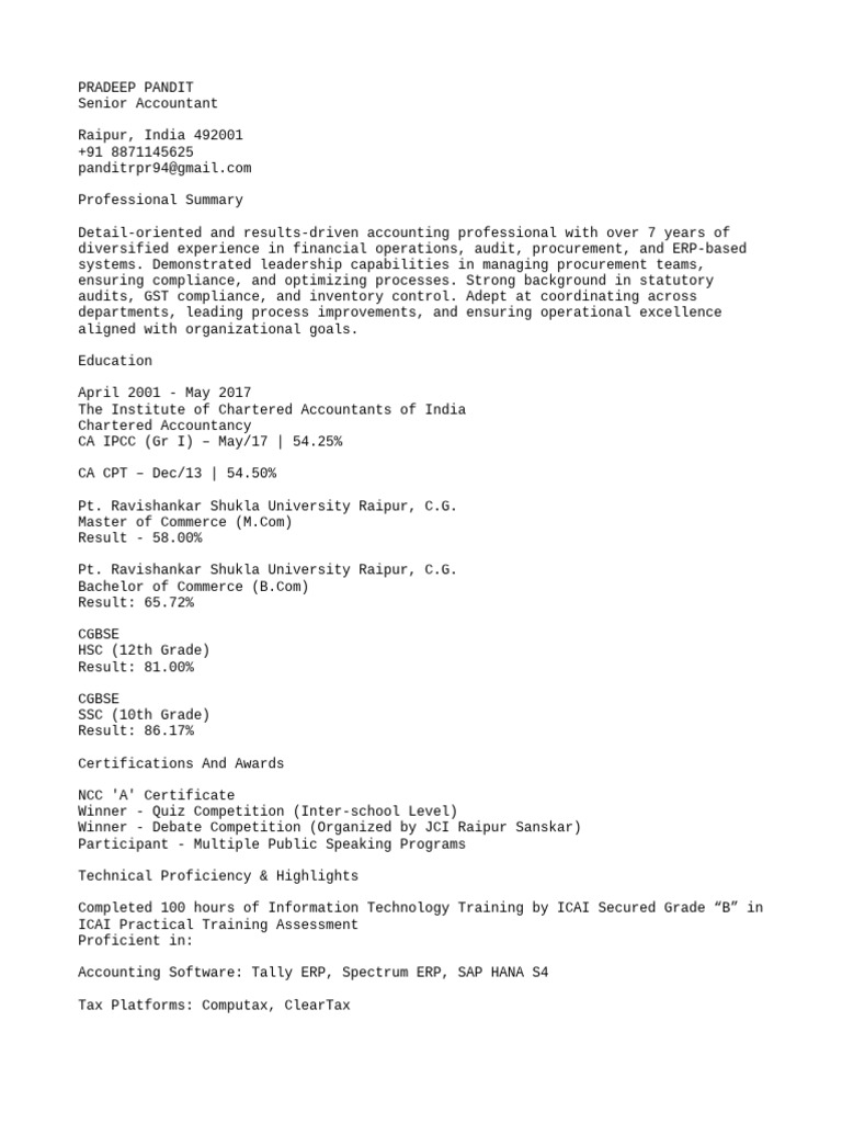 PRADEEP PANDIT Resume | PDF | Audit | Business