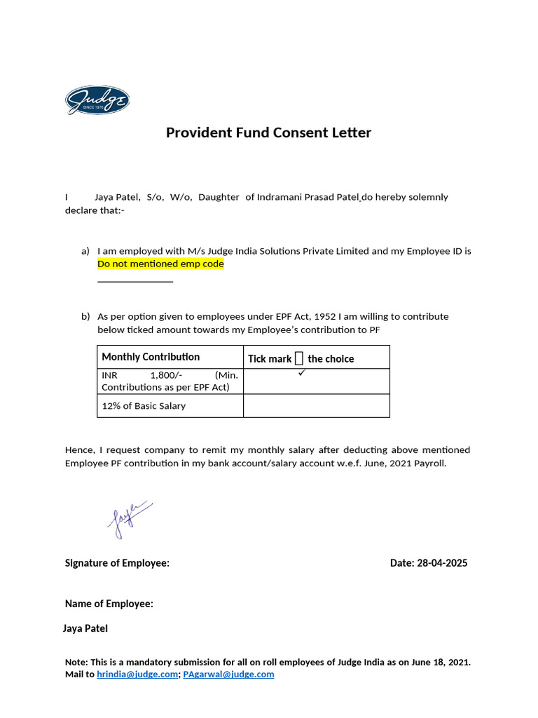 Provident Fund Consent Letter Template | PDF