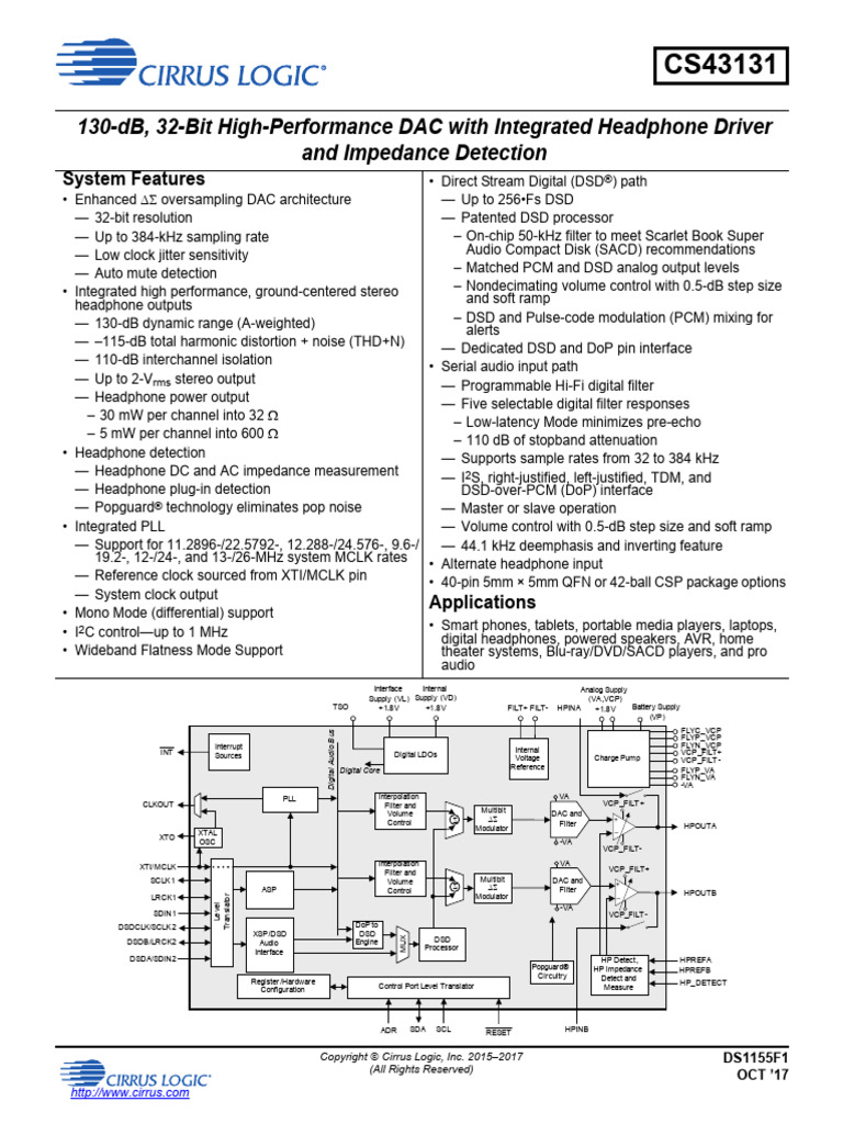 Cirruslogicinc cs43131cwzr Datasheets 1266 | PDF | Audio Engineering | Signal Processing