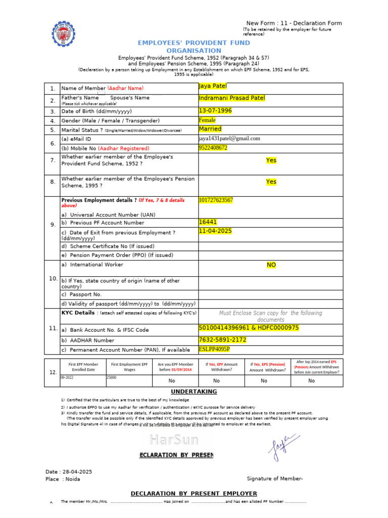 EPF - New Form No. 11 - Declaration Form | PDF | Authentication