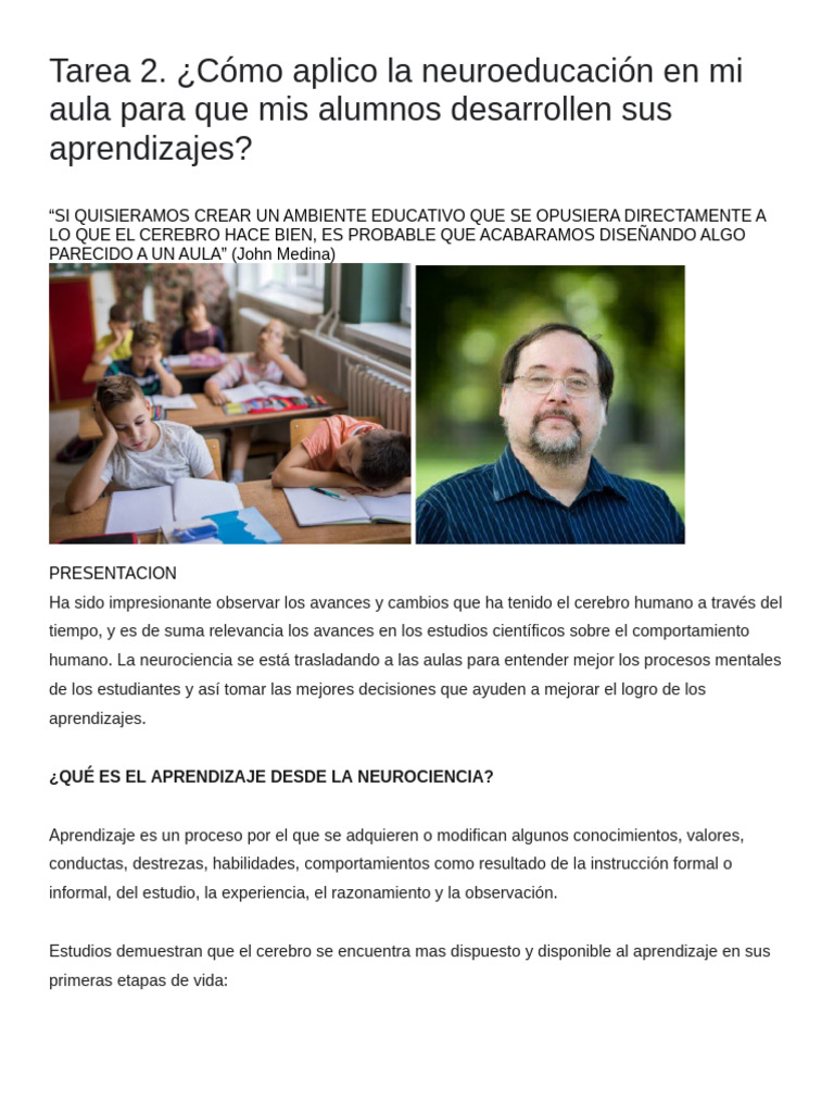 Tarea 2. ¿Cómo Aplico La Neuroeducación en Mi Aula | PDF | Aprendizaje | Neurociencia