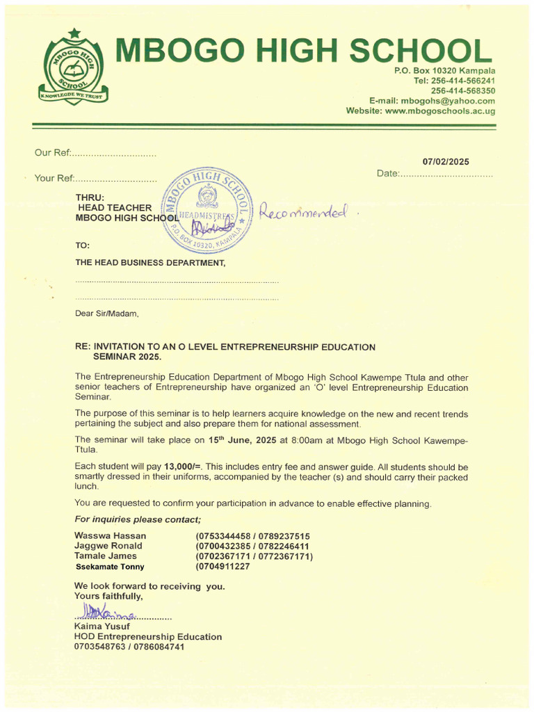 Invitation To An o Level Entrepreneurship Seminar at Mbogo High School ...