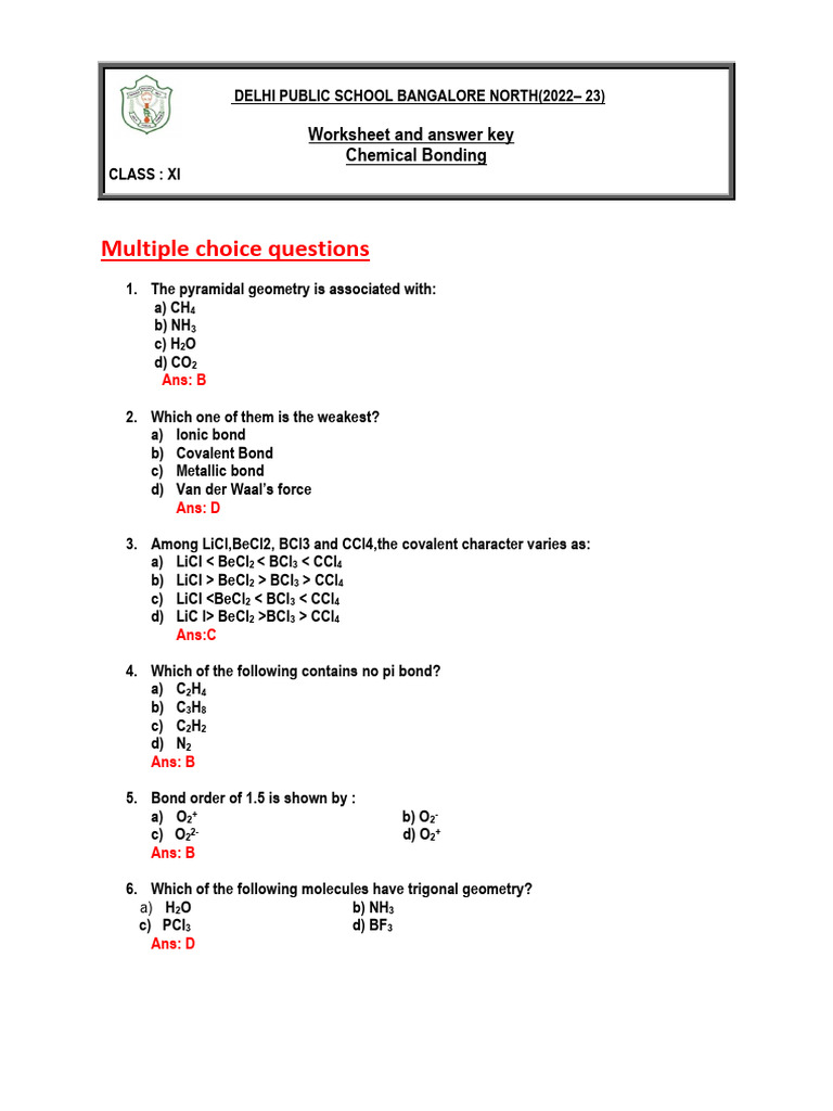 Chemical Bonding Work Sheet With Answer Key | PDF | Chemical Bond ...