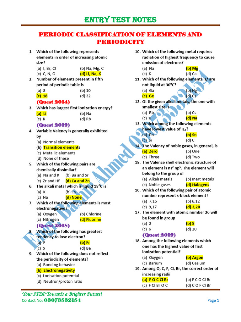 Volatility in Periodic Elements Test | PDF | Periodic Table | Chlorine