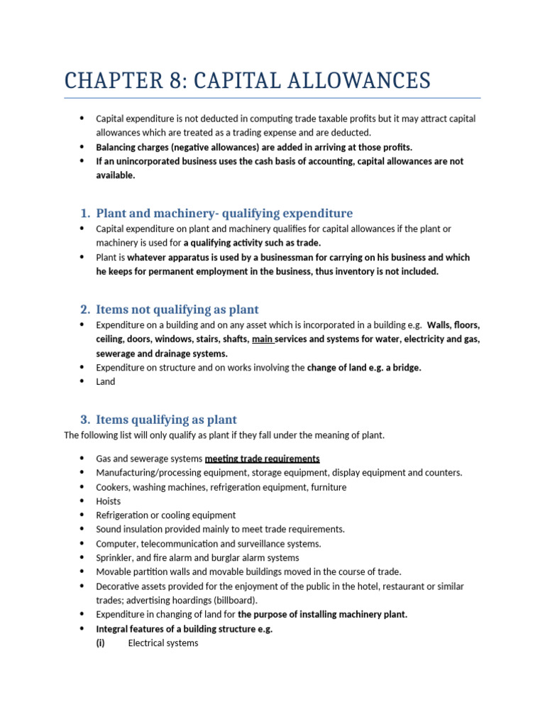 Ch. 8 Capital Allowances Notes | PDF | Expense | Value Added Tax