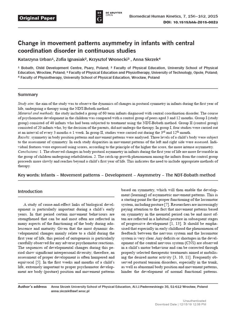 URBAN Change in Movement Patterns Asymmetry in Infants With Central ...