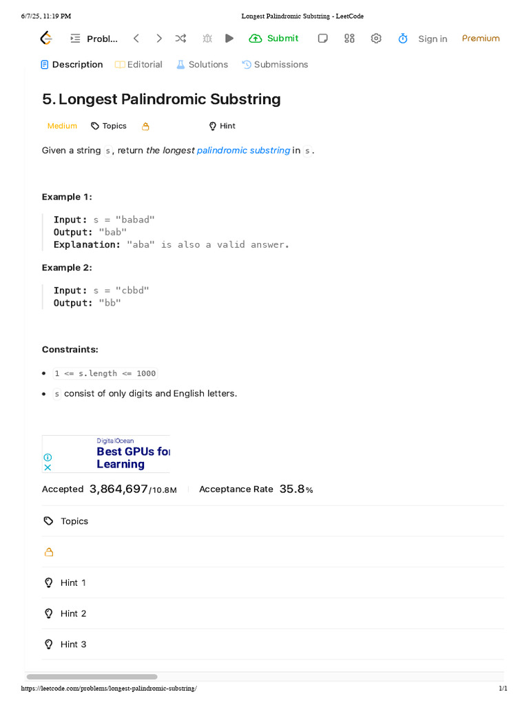 Longest Palindromic Substring - LeetCode | PDF