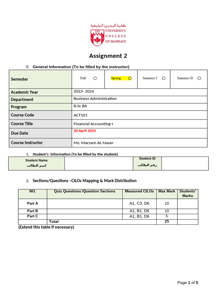 Spring 23-24 Assignment 2 - ACT101 | PDF | Debits And Credits | Expense