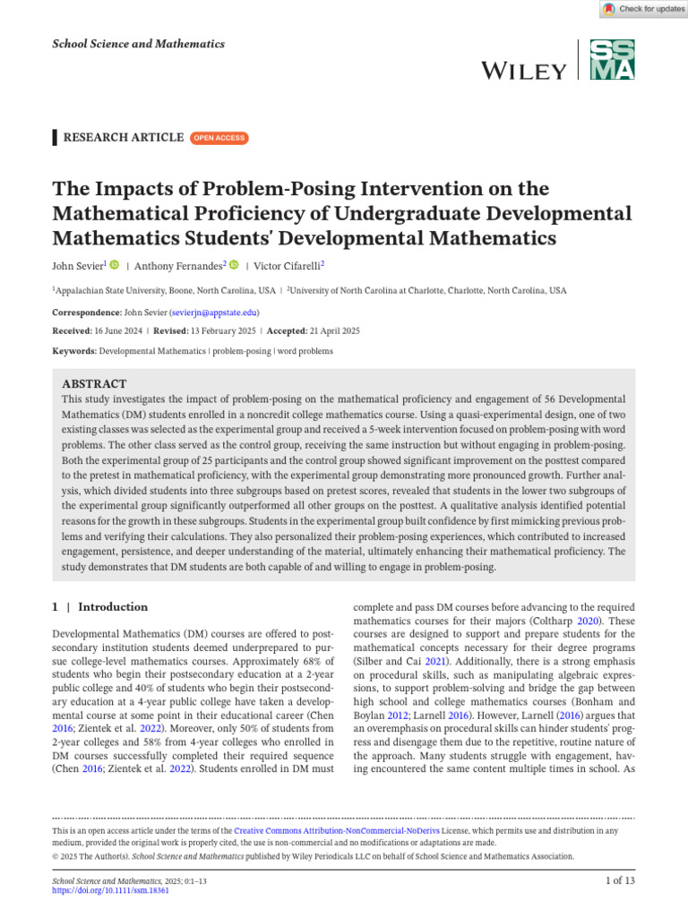 School Sci Mathematics - 2025 - Sevier - The Impacts of Problem Posing ...