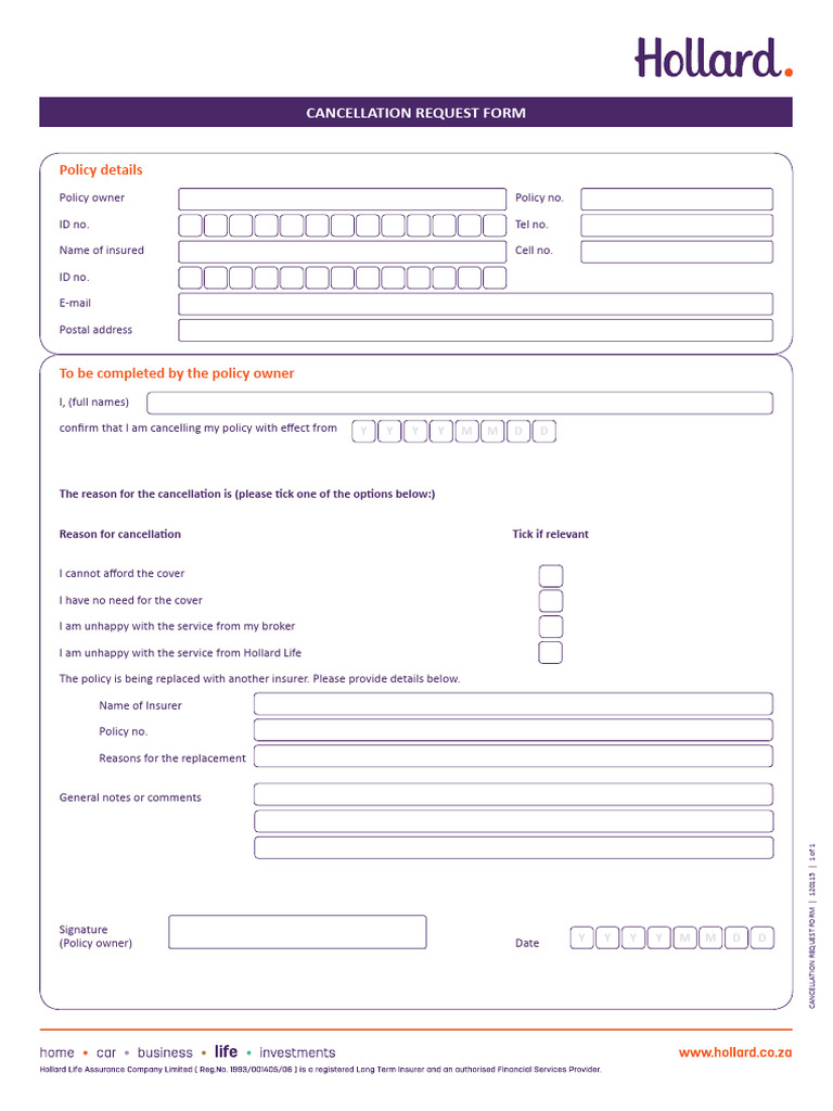 Hollard Policy Cancellation Form | PDF