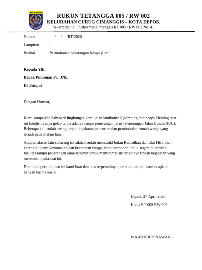 Surat Permohonan Penerangan Jalan PT Jne | PDF