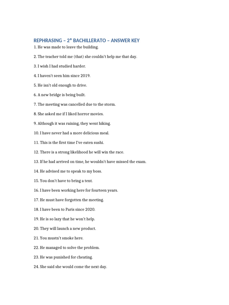 Rephrasing Answers 2bachillerato | PDF