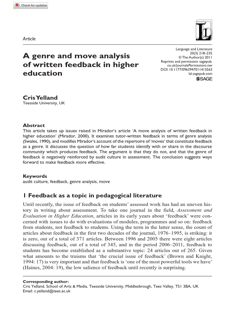Feedback Genre Analysis in Higher Education | PDF | Concept | Relativism