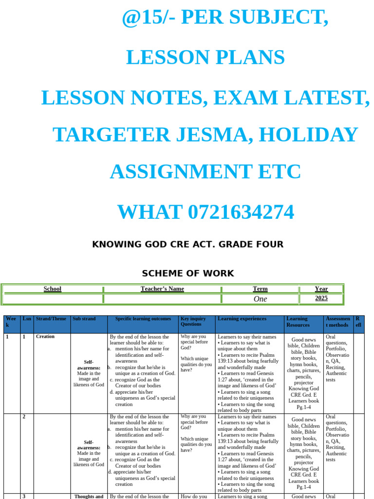 Grade 4 CRE Lesson Plans and Activities | PDF | Bible | Anger