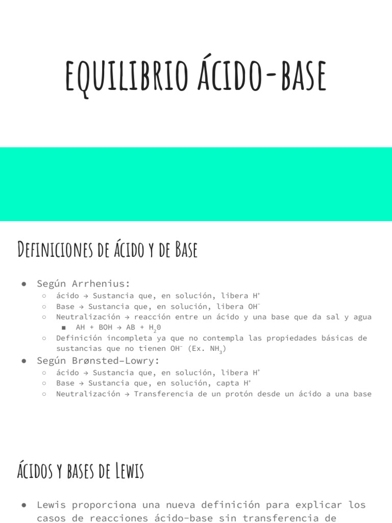 Equilibrio ácido-base: conceptos clave | PDF | Ácido | Ph