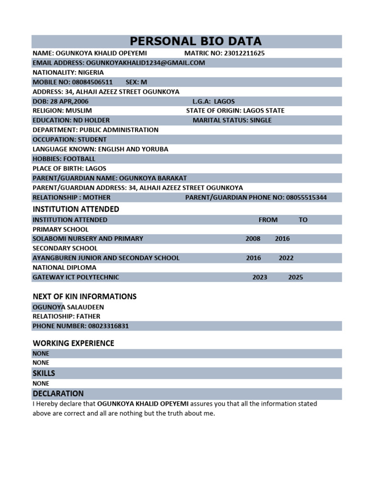 Ogunkoya Khalid Opeyemi Bio Data | PDF