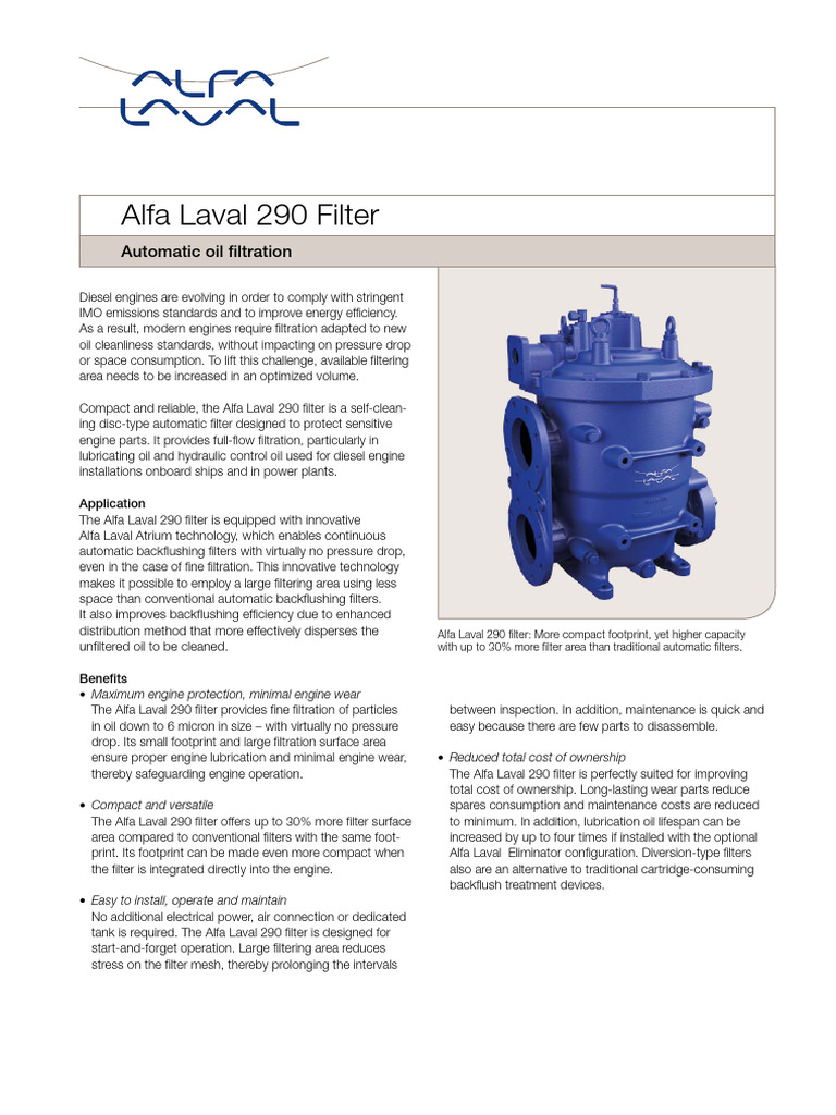Alfa Laval 290 Filter: Compact Oil Filtration | PDF | Filtration | Pump