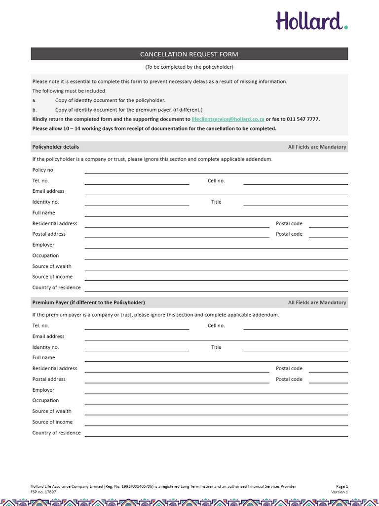 Hlta Cancellation Request Form | PDF | Insurance | Life Insurance