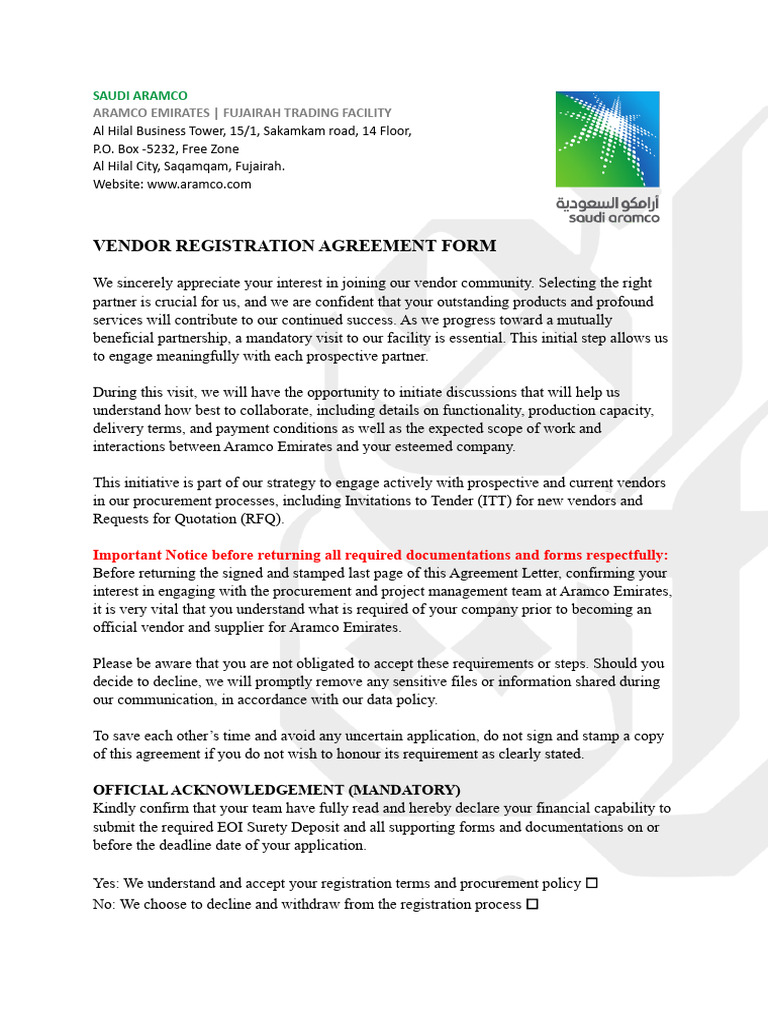 Aramco Agreement Form | PDF