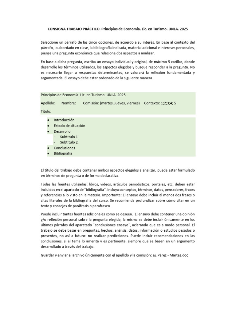 Consigna TP P. Economía Tordini UNLA 2025 | PDF | Comercio | Capitalismo