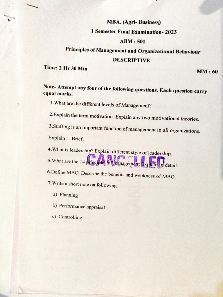 MBA Principles of Management Exam 2023 | PDF | Hierarchy ...