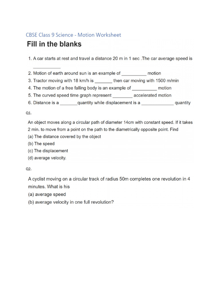 CBSE Class 9 Science - Motion Worksheet | PDF