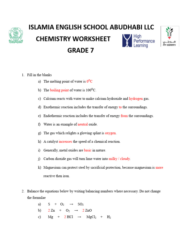 Revision Worksheet Grade 7 3rd Term Answers | PDF | Oxide | Magnesium