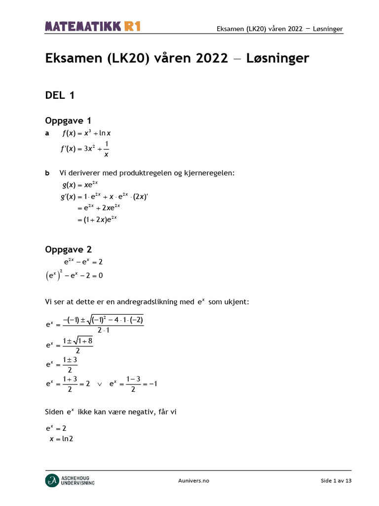 Eksamen R1 V 2022 Losninger LK20 | PDF