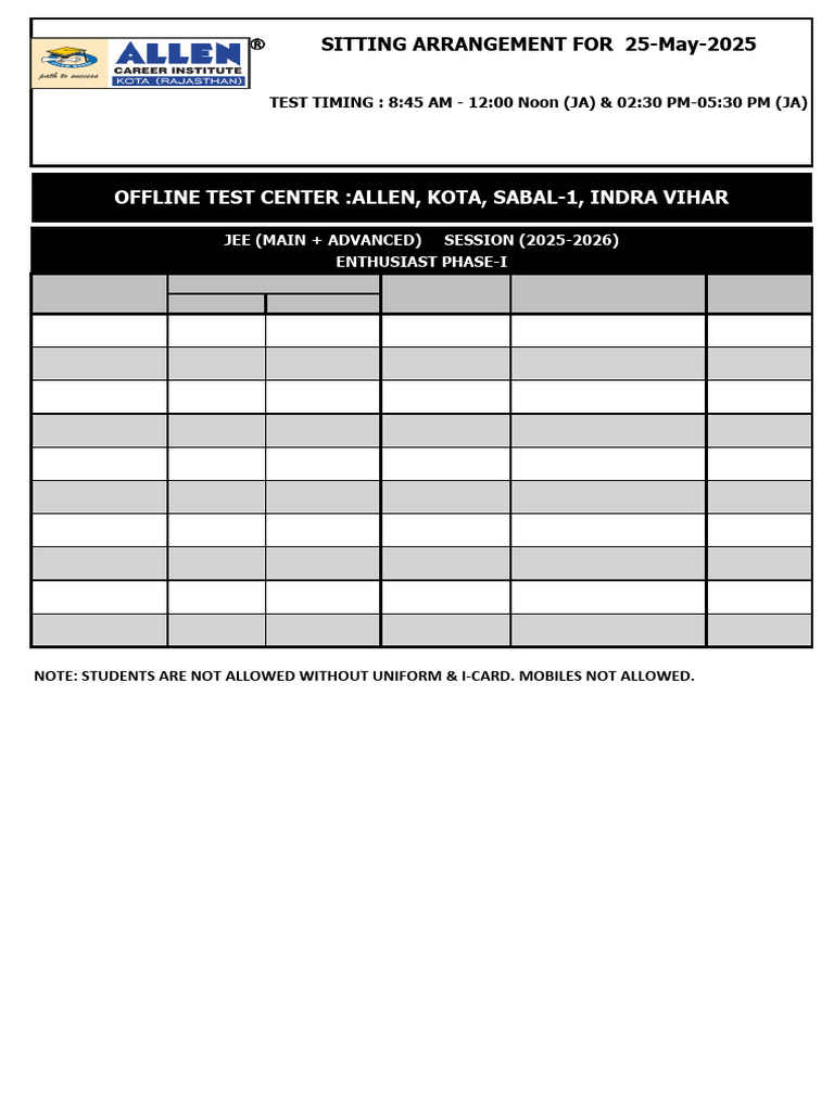Offline Test Center:Allen, Kota, Sabal-1, Indra Vihar: Sitting ...