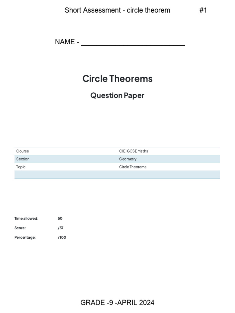 CIE IGCSE Circle Theorems Assessment | PDF | Circle | Angle
