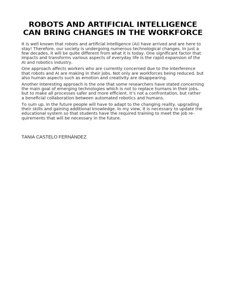 Robots and AI in The Workforce Essay | PDF