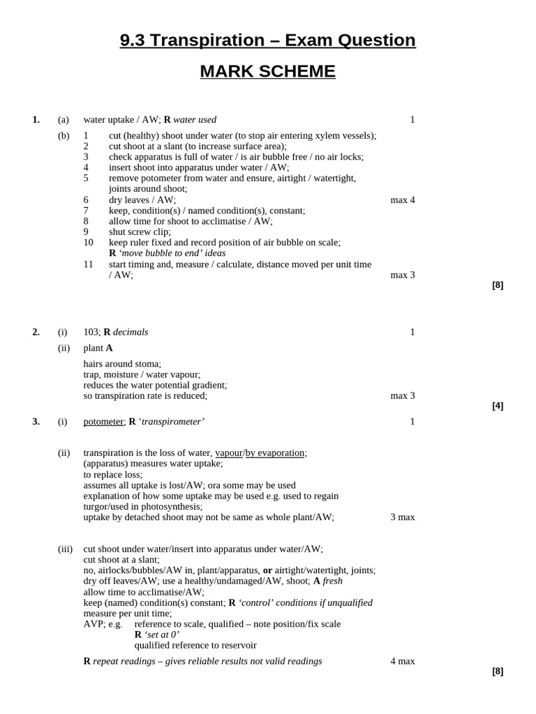 Transpiration Exam Marking Guide | PDF | Stoma | Earth Sciences