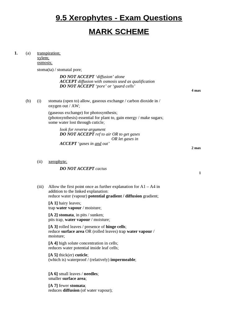 9.5 Exam Question Mark Scheme | PDF | Stoma | Leaf