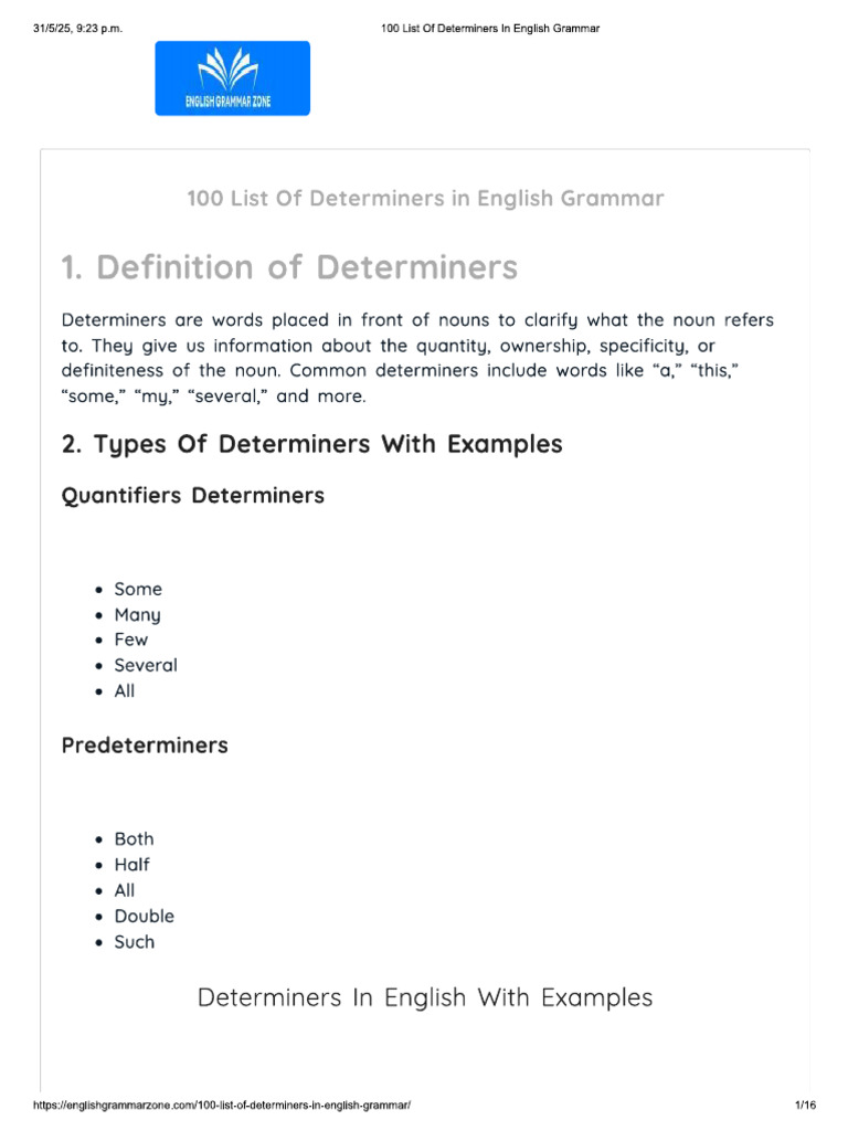 100 Determiners in English | PDF