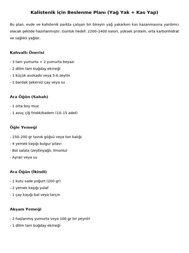 Kalistenik Beslenme Plani | PDF