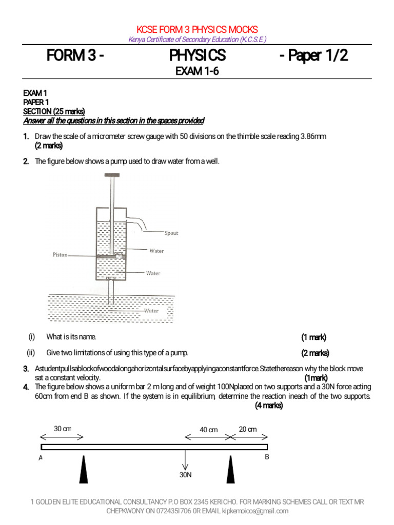 KCSE Form 3 Physics Mock Exam Questions | PDF