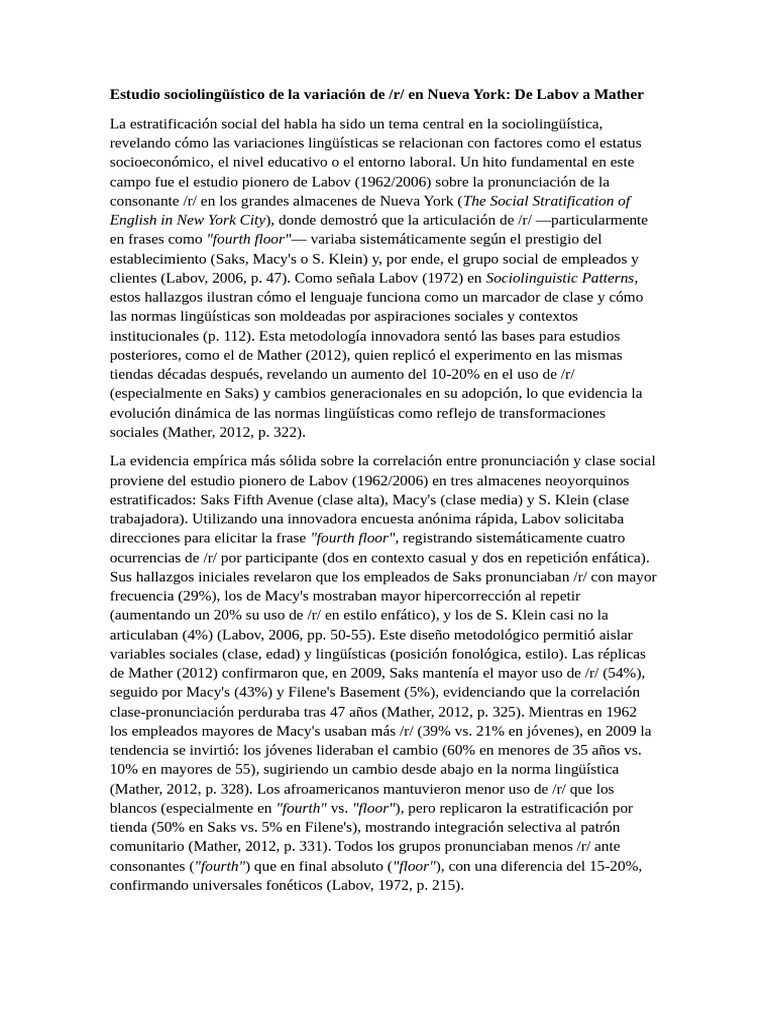 Estudio Sociolingüístico de La Variación de R en Nueva York de Labov A ...