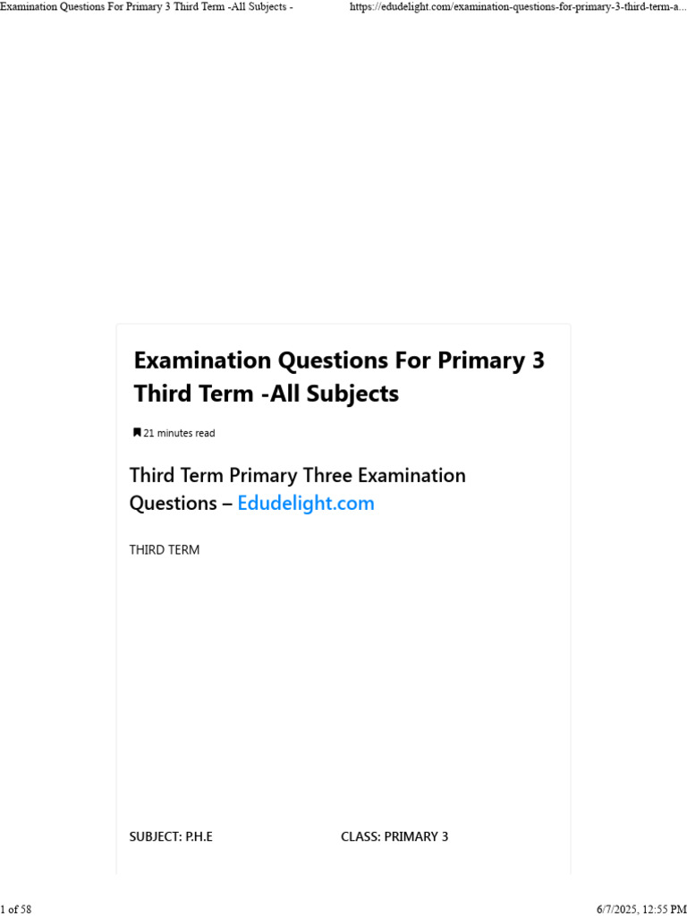 Primary 3 Third Term Exam Questions | PDF | Foods | Vitamin