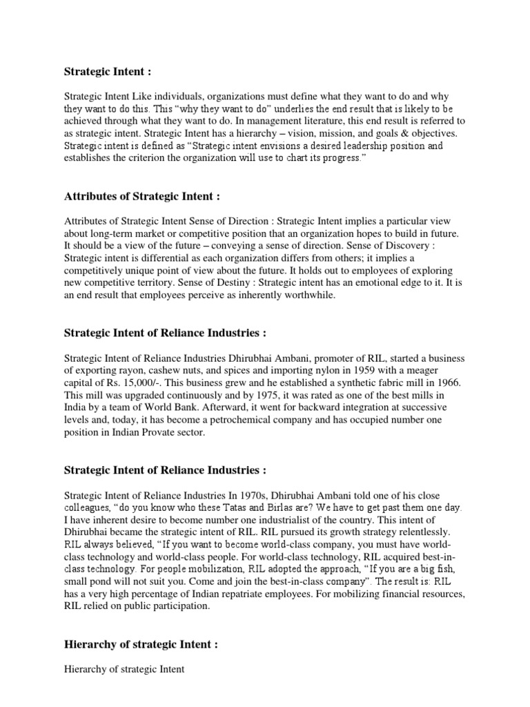 Strategic Intent | PDF | Goal | Strategic Management