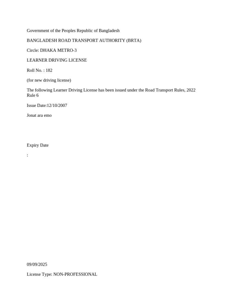 Learner Driving License Details | PDF