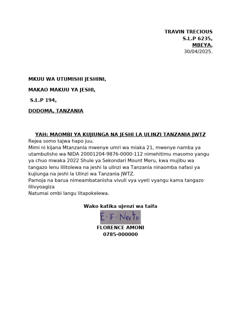 Barua Ya Maombi JWTZ Ajiraportaltz 1 | PDF