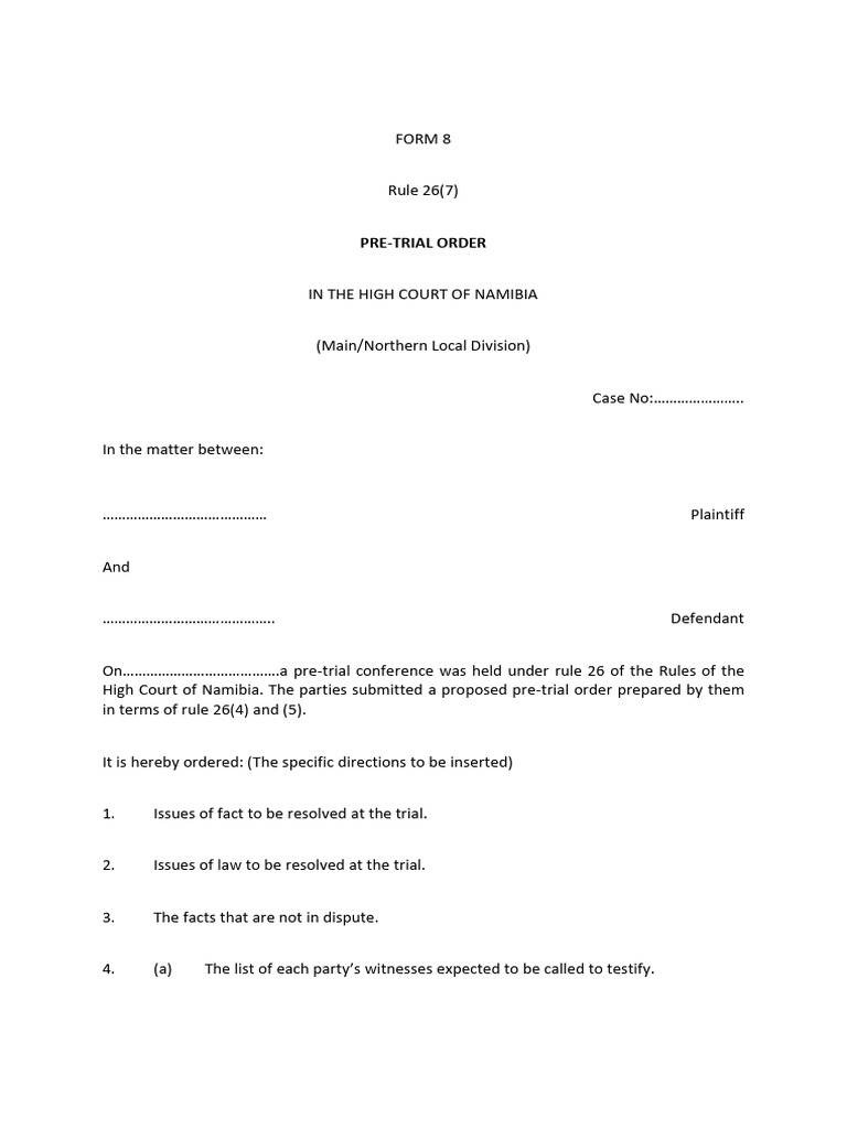 Form 8 - Pre Trial Order | PDF