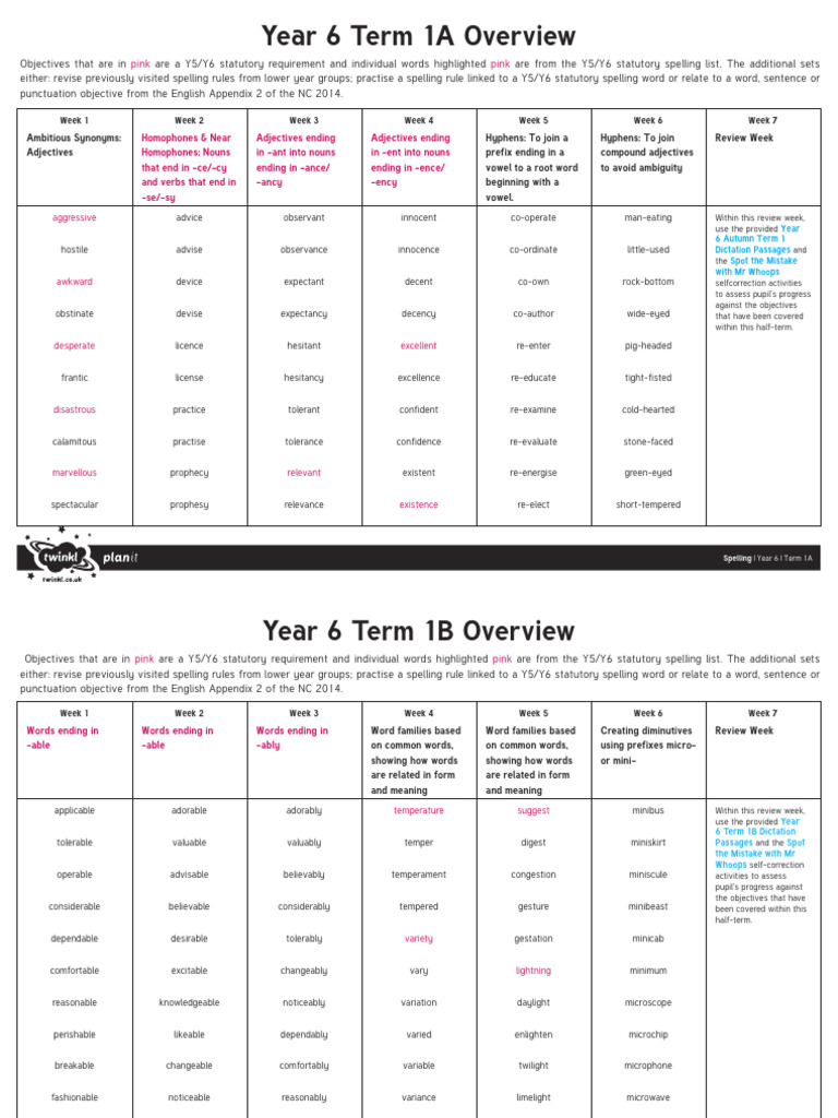 Year 6 PlanIt Spelling Overview Pack Single | PDF | Word | Syntax