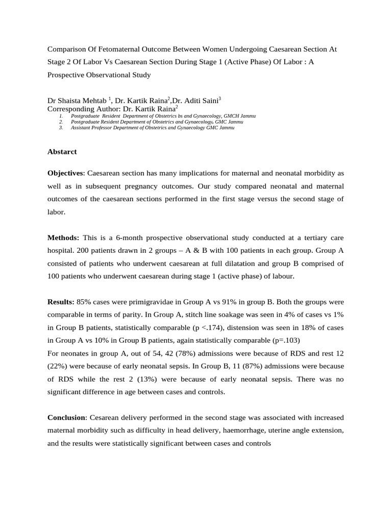 Comparison of Fetomaternal Outcome Between Women Undergoing Caesarean ...